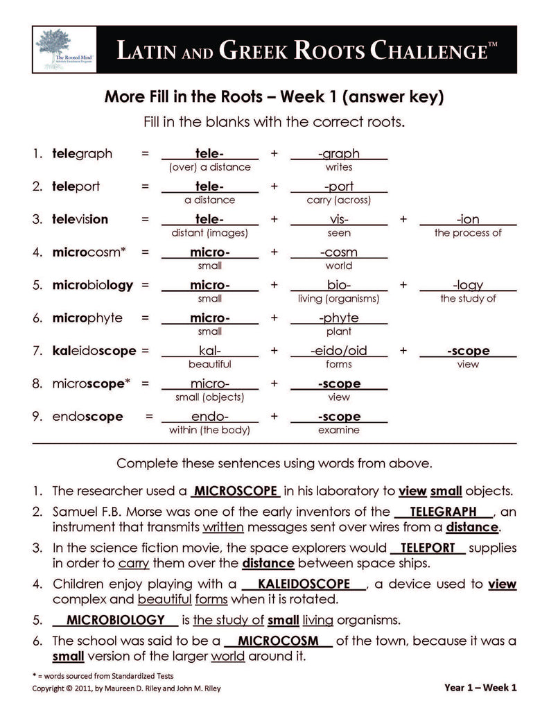 Latin and Greek Roots Challenge | Teacher's Answer Key |Year 1-Level 2 ...